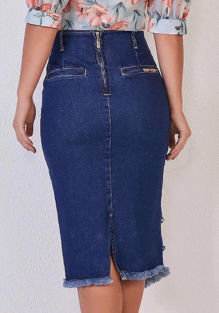 Saia Lápis Jeans Com Desfiados Assimétricos Titanium