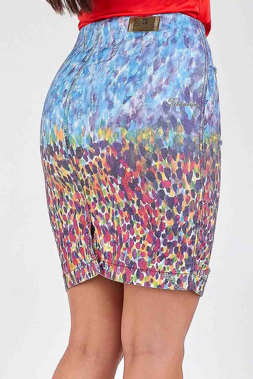 Saia Sarja Reta Estampada Zíper Frontal Tintanium Jeans