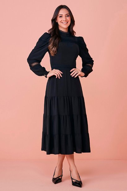Vestido Preto Midi Renda Mangas Longa Tania Tatá Martello