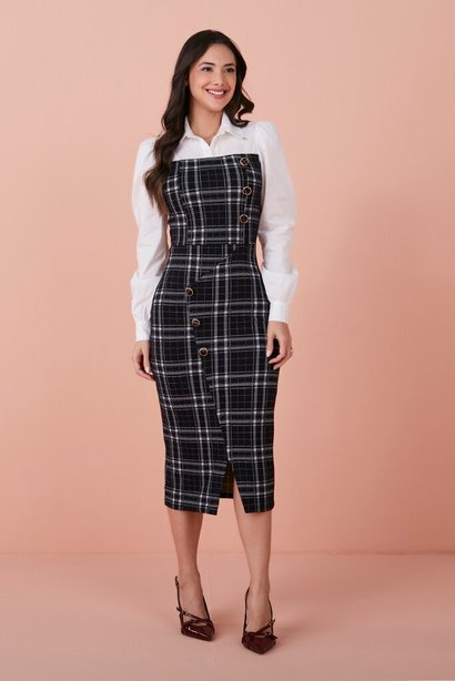 Vestido Preto Midi Justa Xadrez Anna Tatá Martello