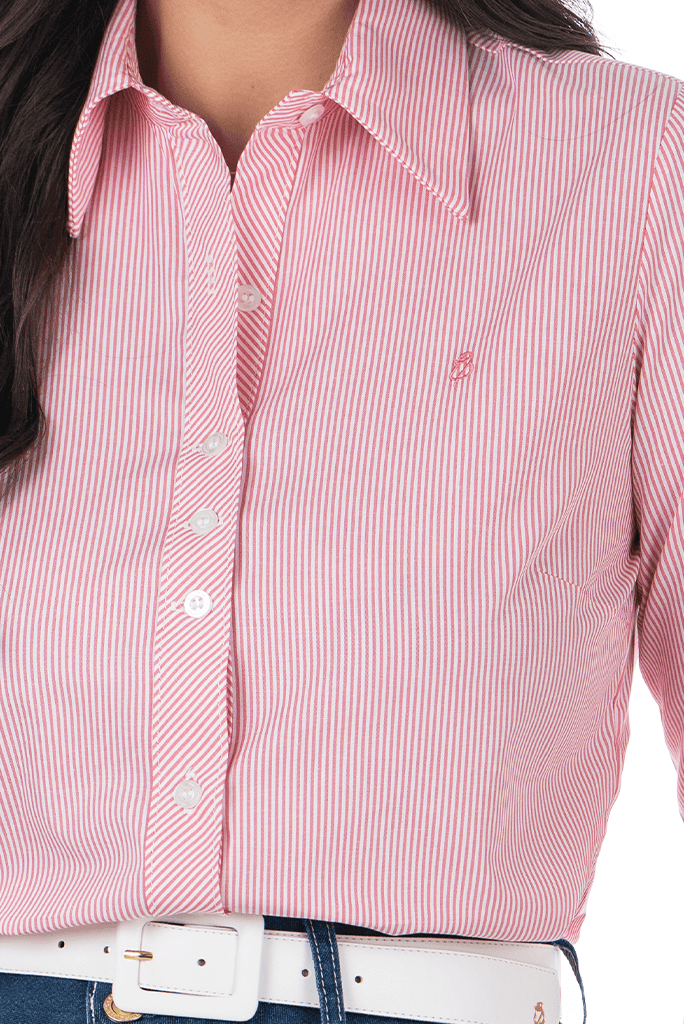Camisa Listrada Rosa Em Tricoline Via Tolentino