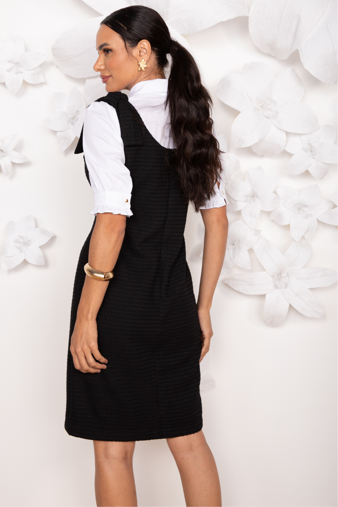 Vestido Tubinho Tweed com Laço Preto Flaviani Lekazis
