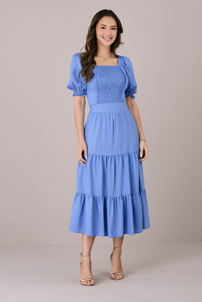 Vestido Azul Com Babados Midi Evasê Maria Tatá Martello