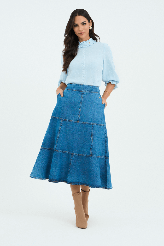 Blusa Azul Claro Poá Com Detalhe Guippir Via Tolentino