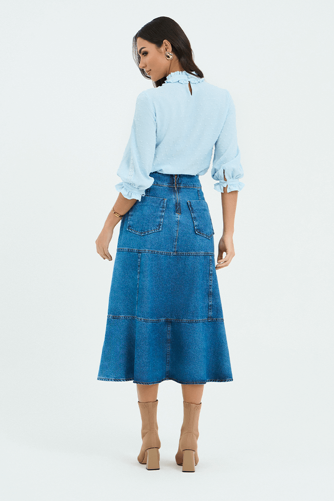 Blusa Azul Claro Poá Com Detalhe Guippir Via Tolentino