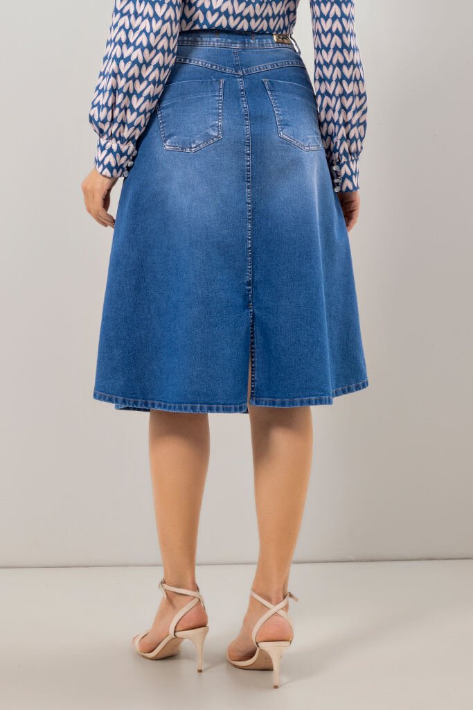 Saia Evasê Jeans Claro Laura Rosa