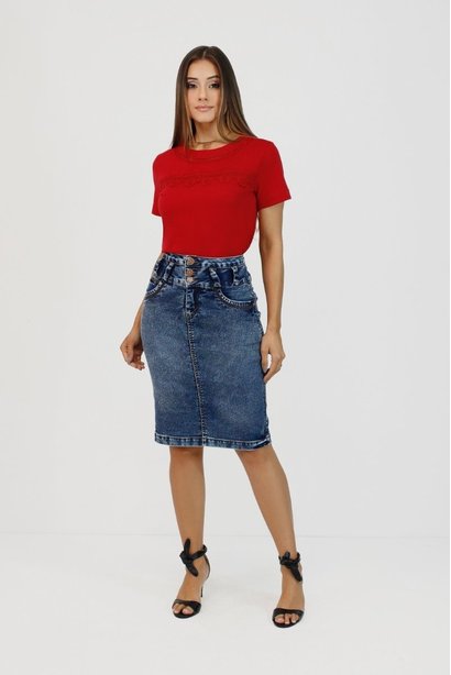 Saia Malha Denim Com Bolsos Monique Nítido Jeans