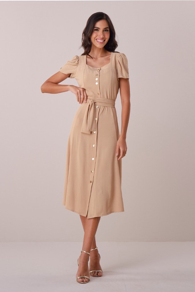 Vestido Bege Midi na Alfaitaria Fluido Lara Tata Martello